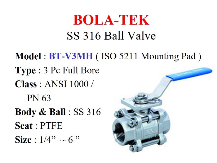 SS 316 Ball Valve - Bola-Tek BT-V3MH / 3 Pc Body, ANSI 1000, Screw ...