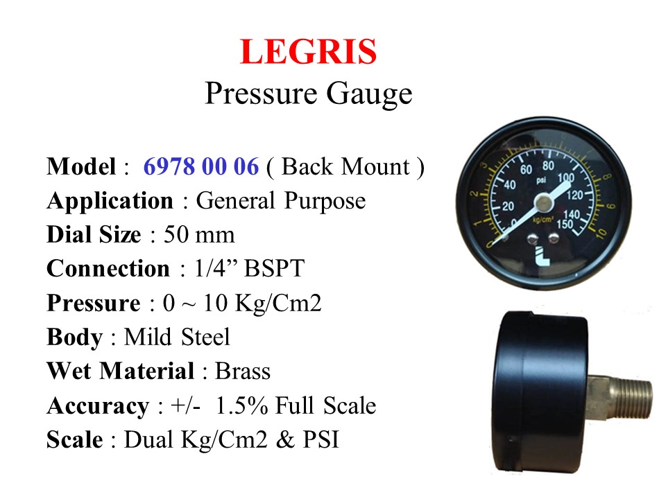 Small Pressure Gauge - LEGRIS series 6978 / 50 mm Back Mounting 1/4", 0 ...