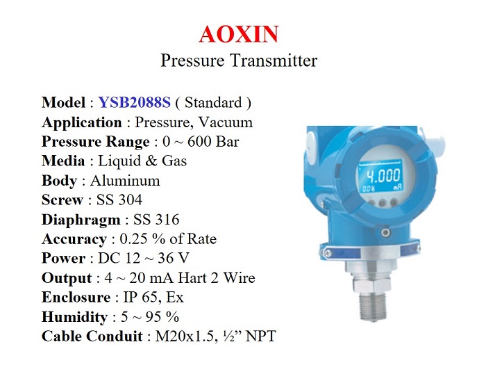 Digital Pressure Gauge & Transmitter - AOXIN YSB-2088S series / 600 Bar ...