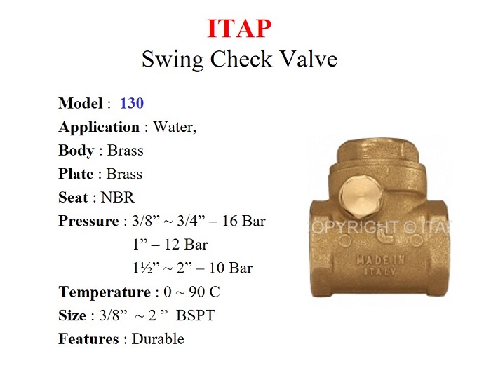 Swing Check Valve - Itap 130 / 10 ~ 16 Bar, Screw 3/8" ~ 2" BSPT ...