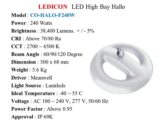 Ledicon LED High Bay series CO-HALO-F240W / 240 Watts, 38,400 Lumens ...